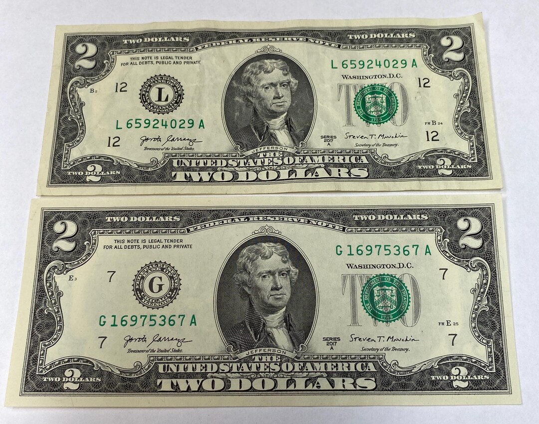 Vintage Jefferson Two Dollar Bill Collectable 2 Serial Numbers All ...