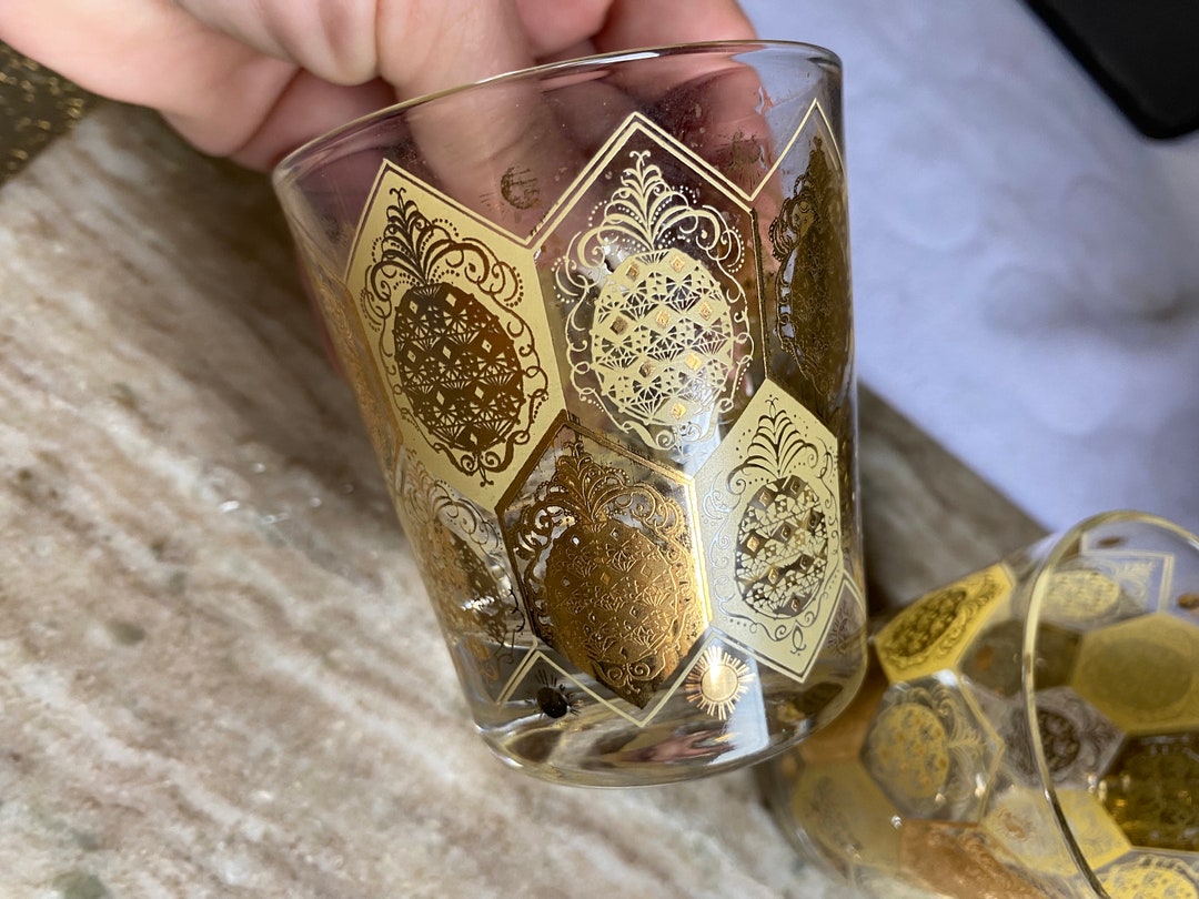 Vintage Cocktail Flared Whiskey Glasses Colectable Gold Pineapple Motif ...