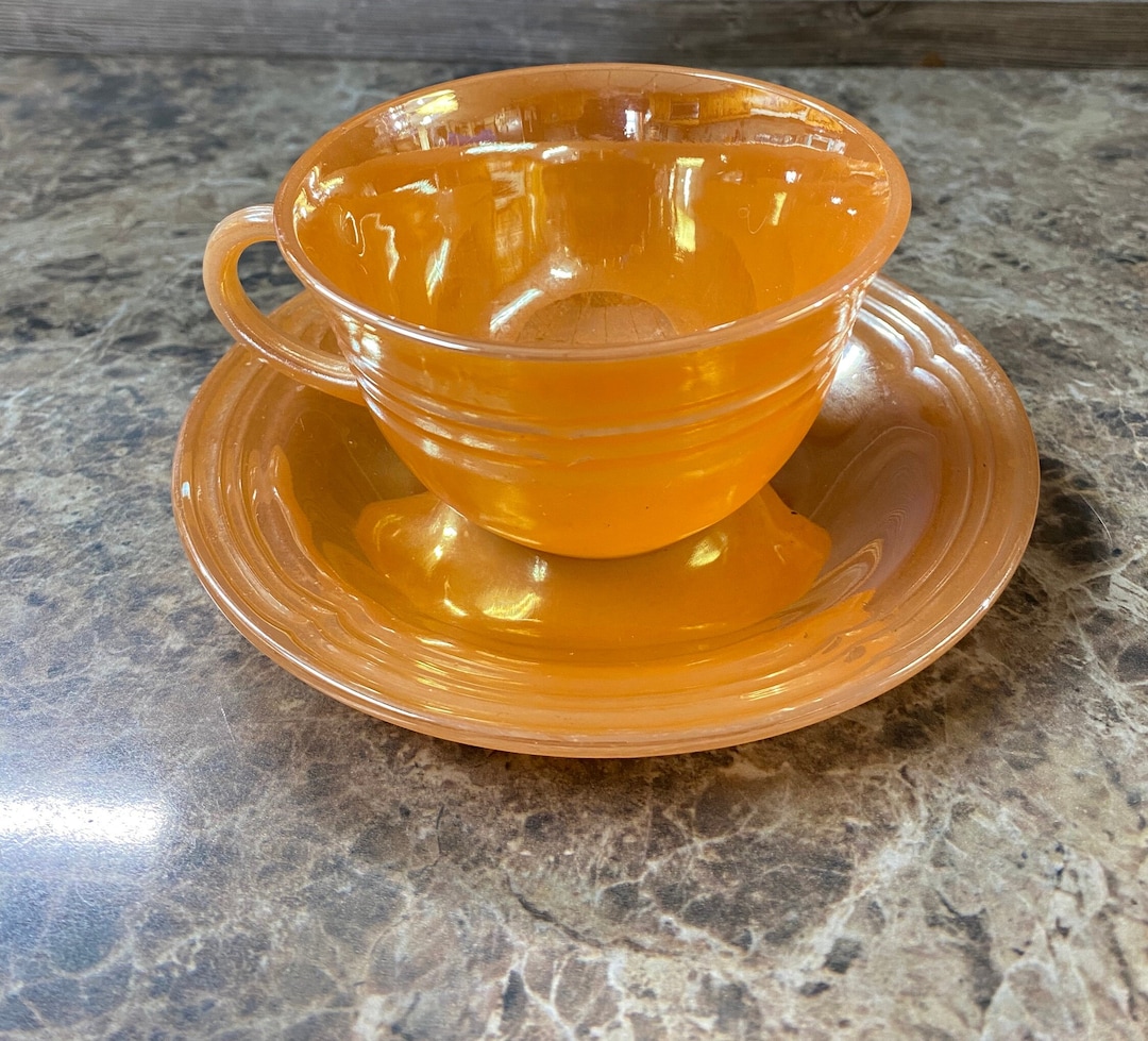 Vintage Peach Luster Cup and Saucer Fire King Keepsake Milk Glass ...