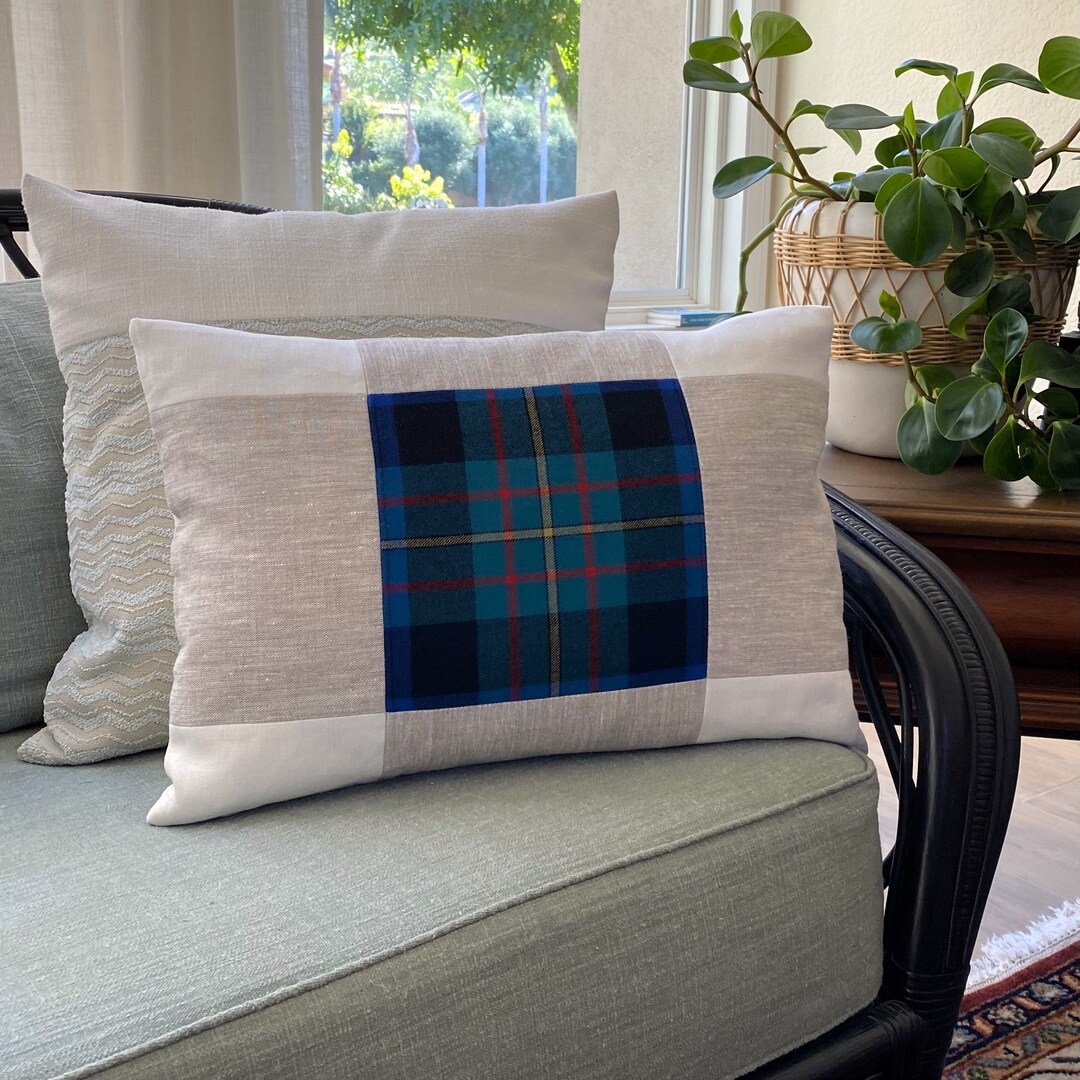 14 X 20 Wool Plaid and Linen Lumbar Pillow, Patchwork Color Block ...