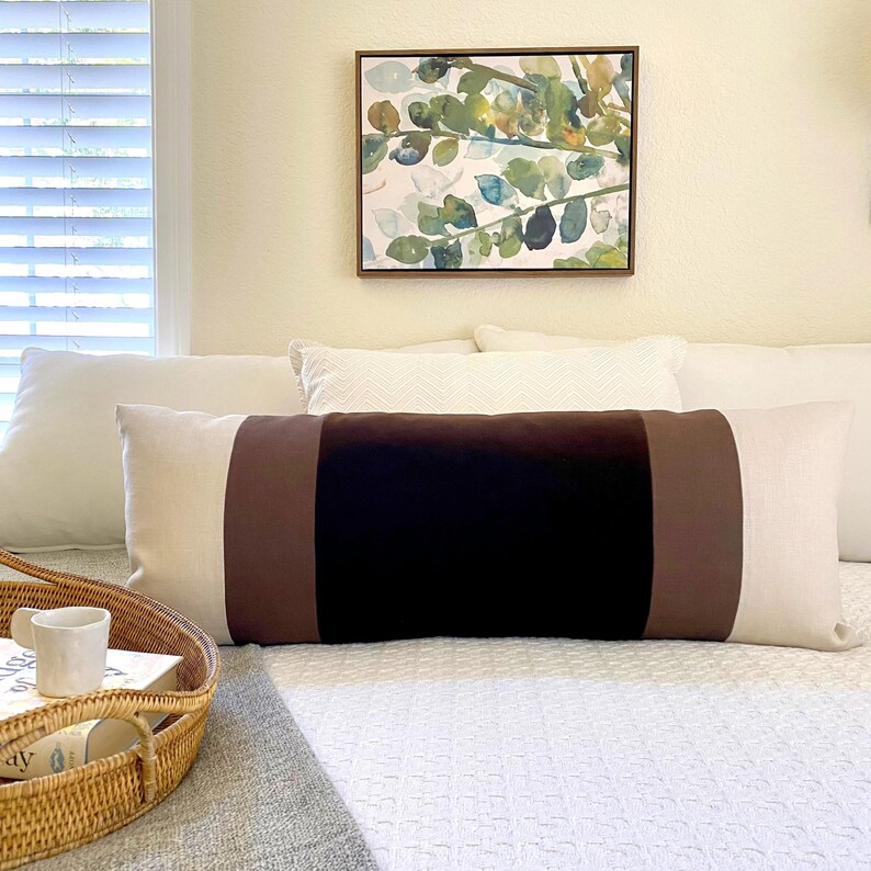 Brown Linen and Velvet Long Lumbar Pillow Cover, Earthy 14x36 ...