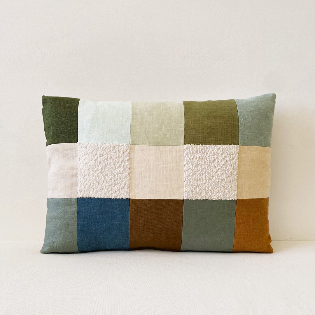 14 X 20 Boucle and Linen Lumbar Pillow, Patchwork Color Block Pillow, Earth Tone Pillow - Etsy