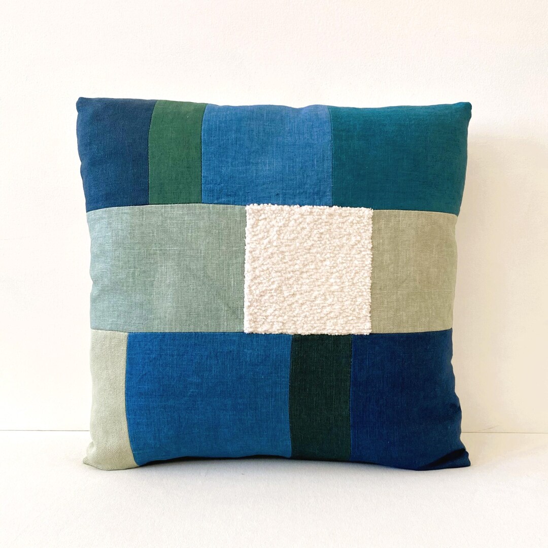 Blue and Green Hand-dyed Linen and Boucle Pillow Cover, 18x18 Patchwork ...