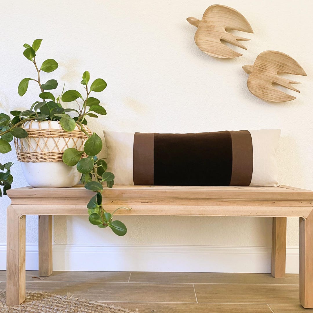 Brown Linen and Velvet Color Block Lumbar Pillow Cover, 14 X 36, Earth ...