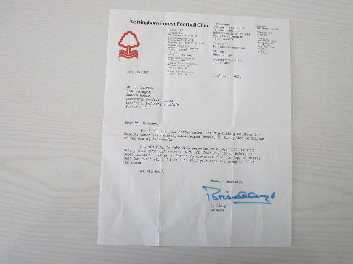 1981 Brian Clough PERSONALLY HAND SIGNED Letter on Official - Etsy UK