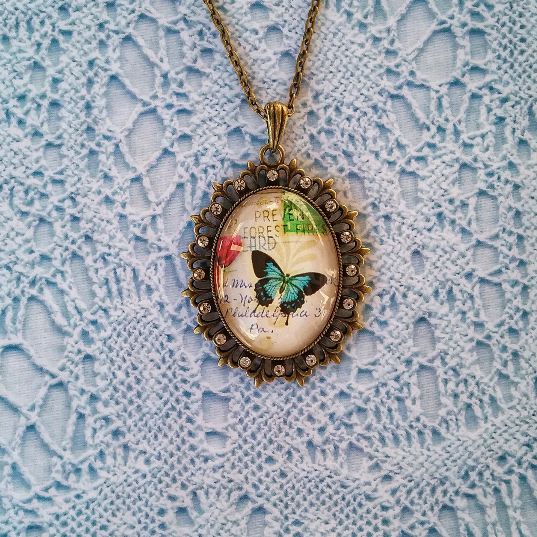 Beautiful Glass Butterfly Pendant Necklace With Rhinestones in Antique ...