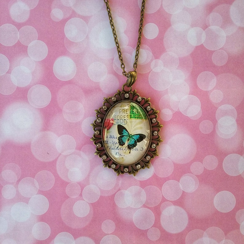 Beautiful Glass Butterfly Pendant Necklace With Rhinestones in Antique ...