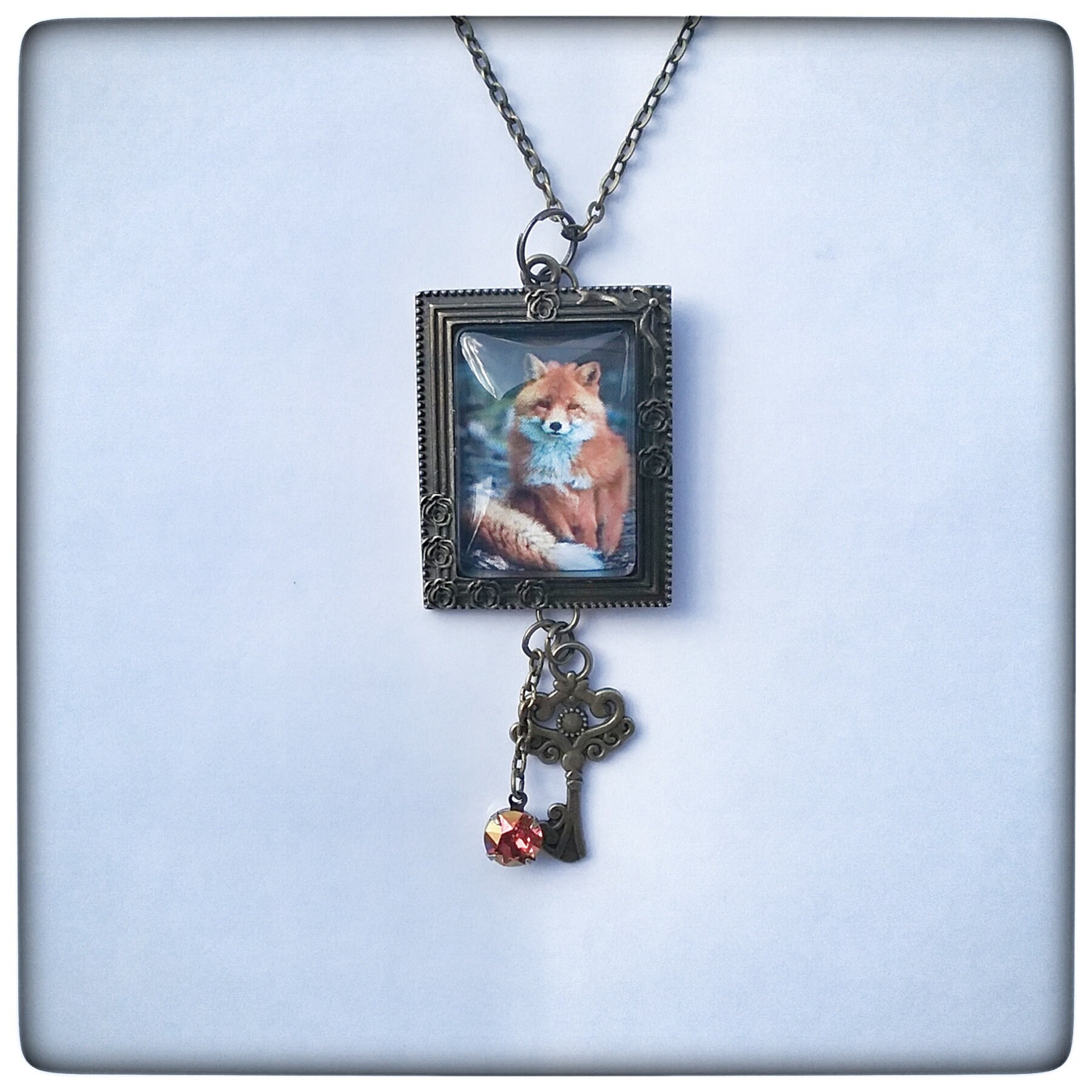 Antique Bronze Red Fox Glass Pendant Necklace Antique Key - Etsy
