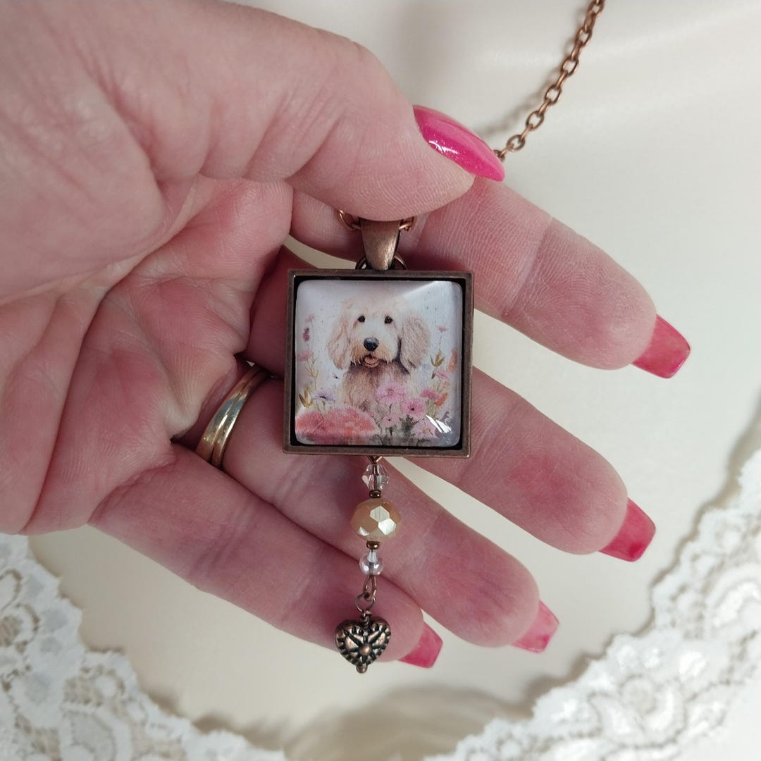 Labradoodle Dog Glass Pendant Necklace in Antique Copper With Pink and ...