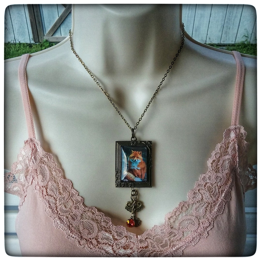 Antique Bronze Red Fox Glass Pendant Necklace Antique Key Charm ...