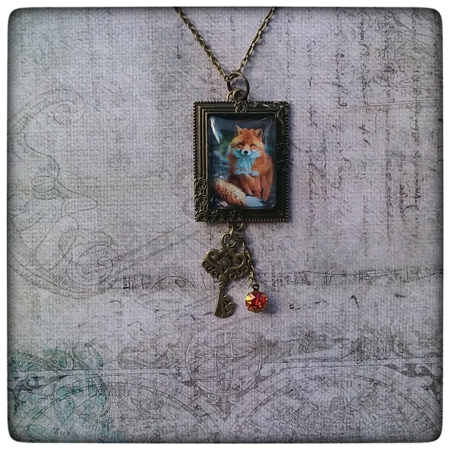 Antique Bronze Red Fox Glass Pendant Necklace Antique Key - Etsy
