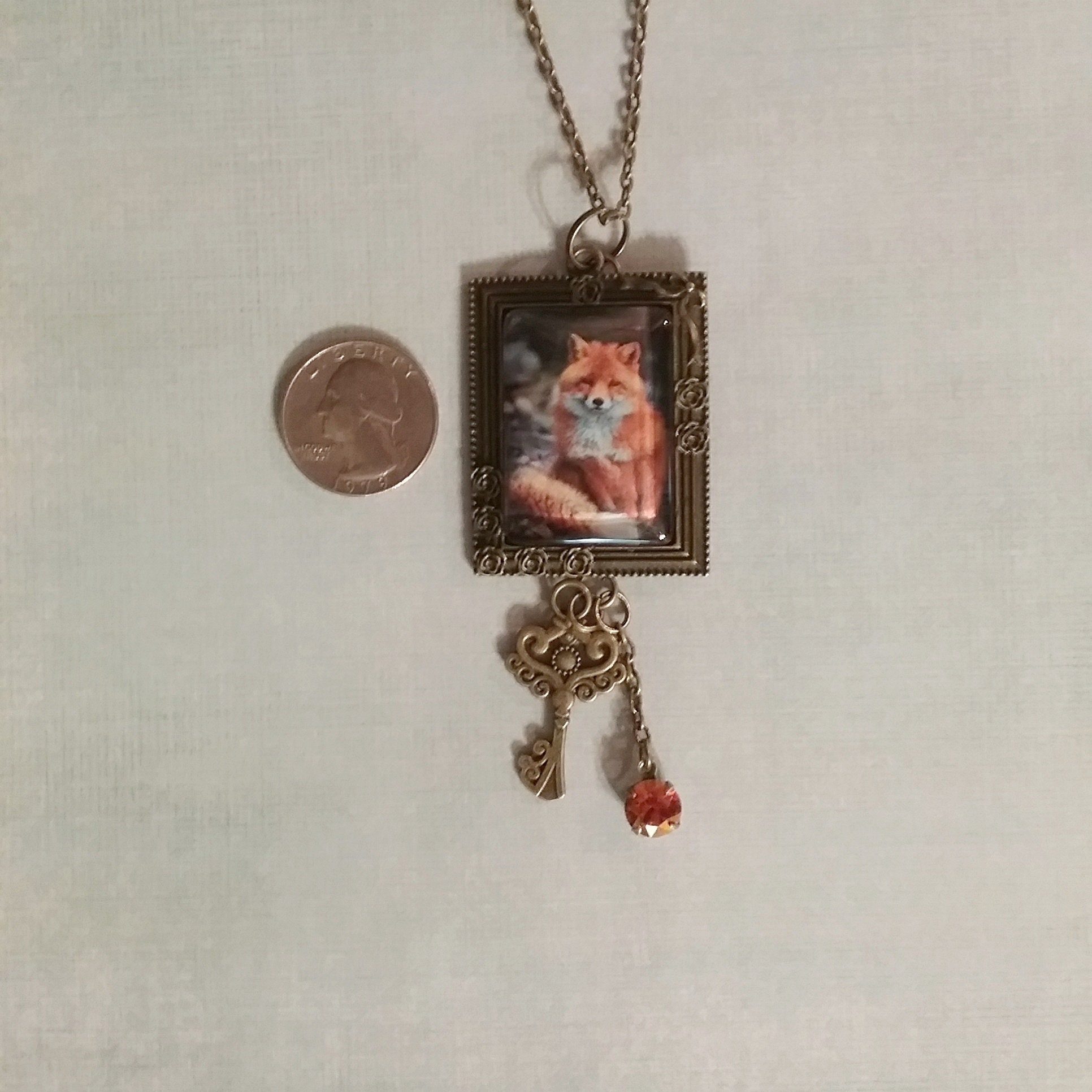 Antique Bronze Red Fox Glass Pendant Necklace Antique Key - Etsy