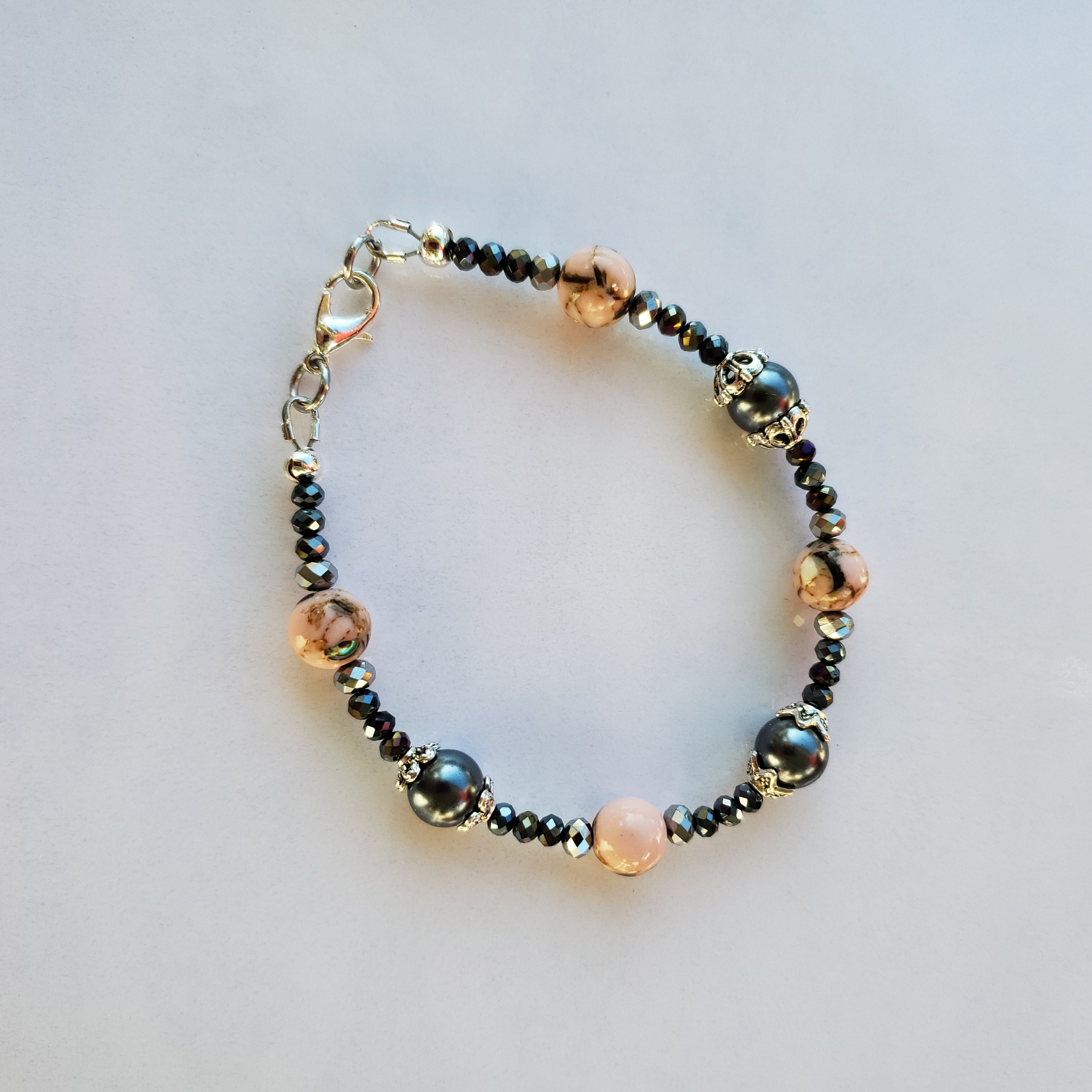 Pink Turquoise With Shell Inlay Beads Grey Glass Pearls and - Etsy