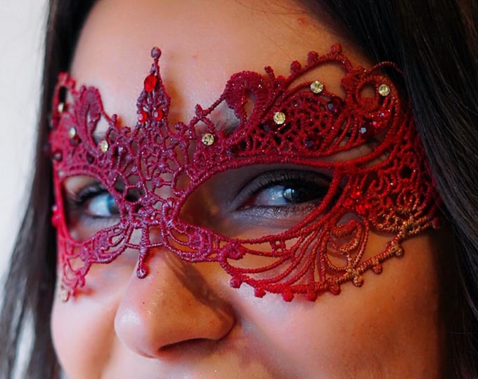 Sequined Red Masquerade Mask With Rhinestones and Embroidery ...