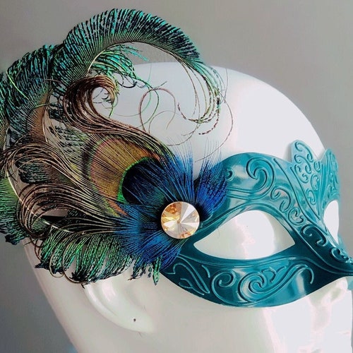 Luxury Teal Masquerade Mask Peacock Women Feather Masks Etsy