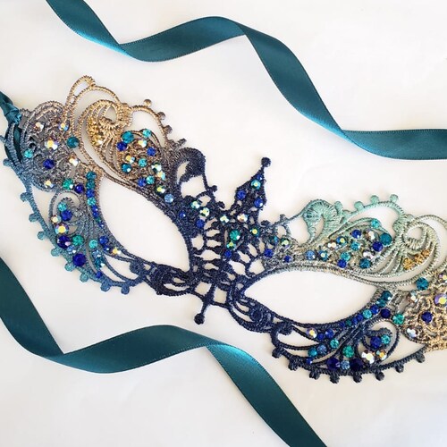 Deep Navy Masquerade Mask Women Lace Turquoise Teal Theme | Etsy
