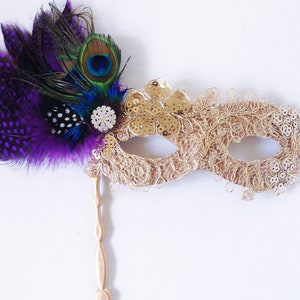 Gold Lace Stick Mask With Removable Feather Hair Clip, Masquerade Mask ...
