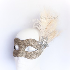 Champagne Masquerade Mask Women, Ivory Feather Mask, Elegant Light Gold ...