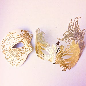 Couples Gold Mask Set, White and Gold Mens Mask, Womens Gold Masquerade ...