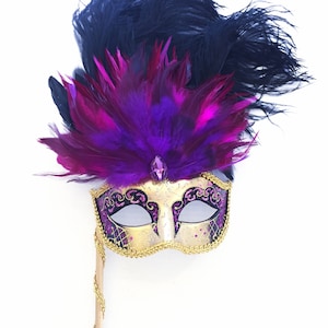 Women Masquerade Mask, Gold Venetian Mask, Feather Handheld Stick Mask ...