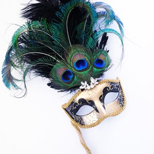Women Masquerade Mask, Gold Feather Mask on Stick, Feather Masquerade ...