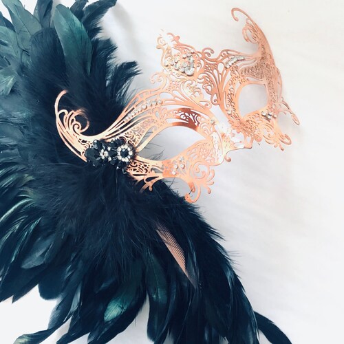 Women Masquerade Mask Gold Feather Mask on Stick Feather - Etsy