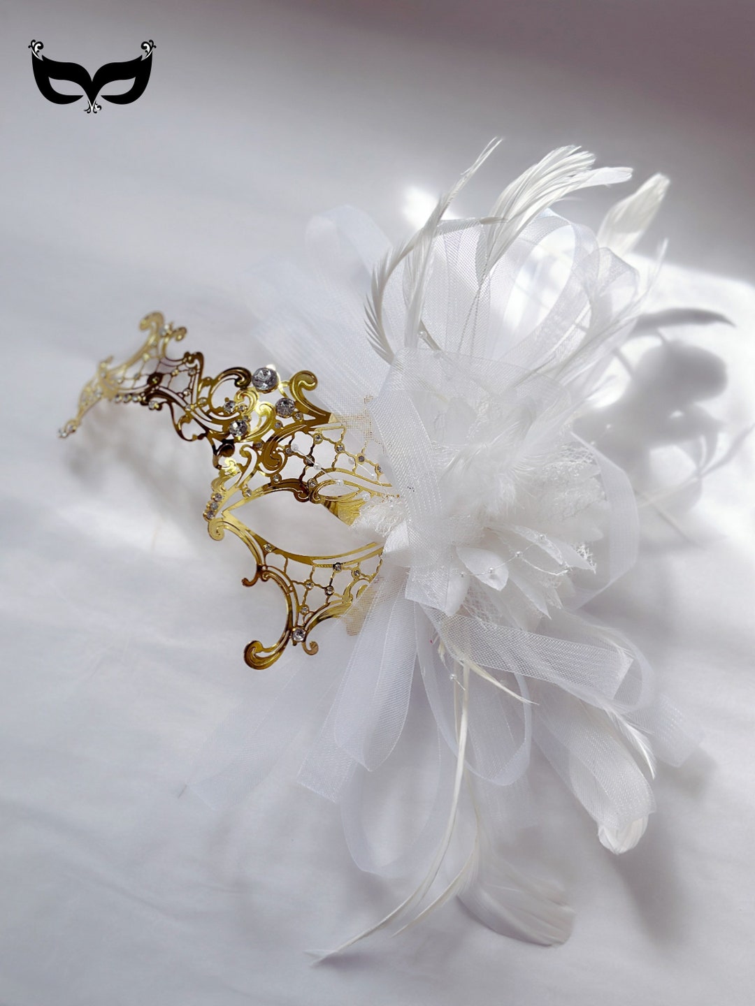 Gold Metal Filigree Mask With White Feathers and Tulle Masquerade Ball ...