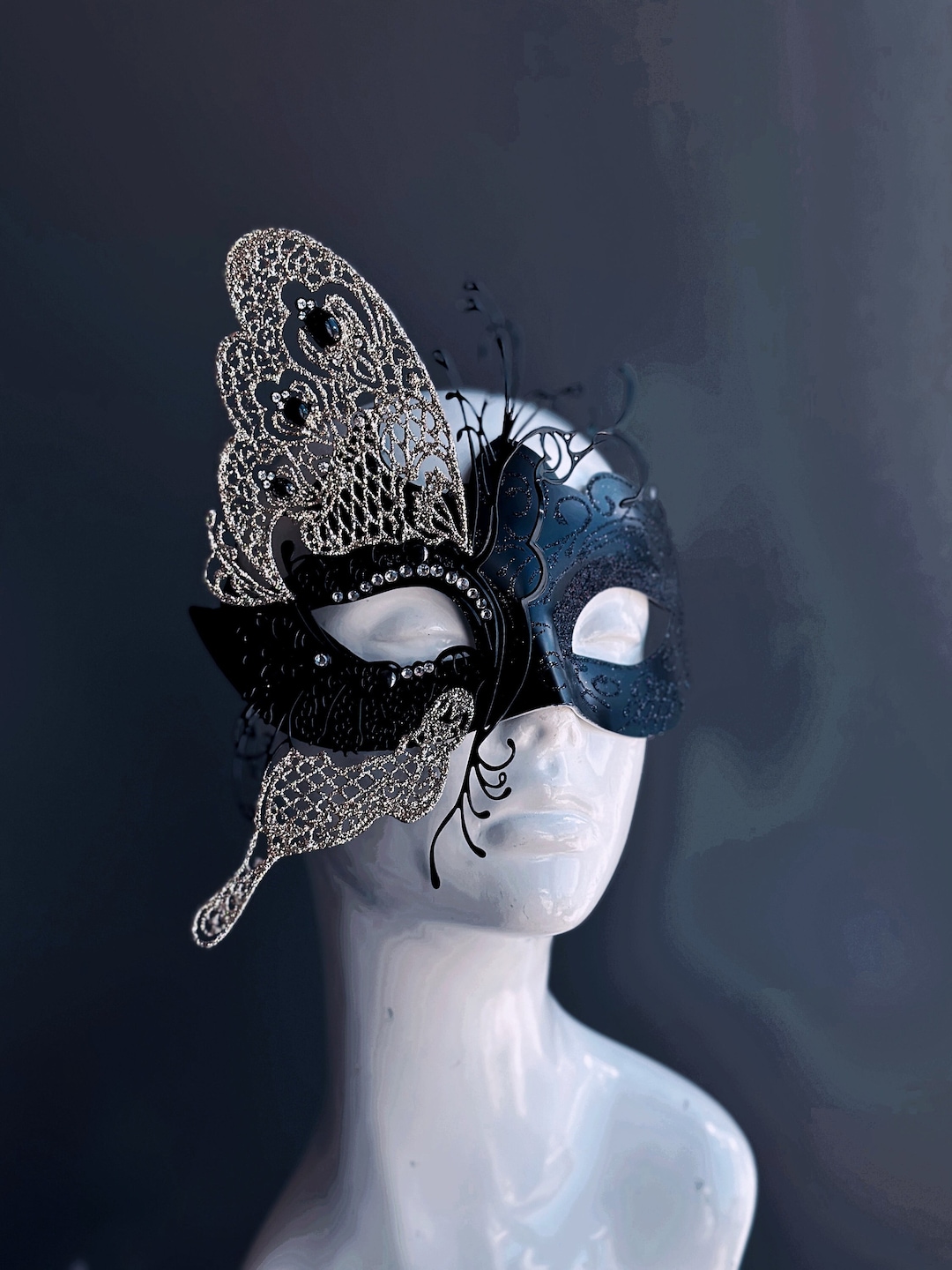 Black & Silver Butterfly Masquerade Mask: Glitter Mardi Gras Ball - Etsy