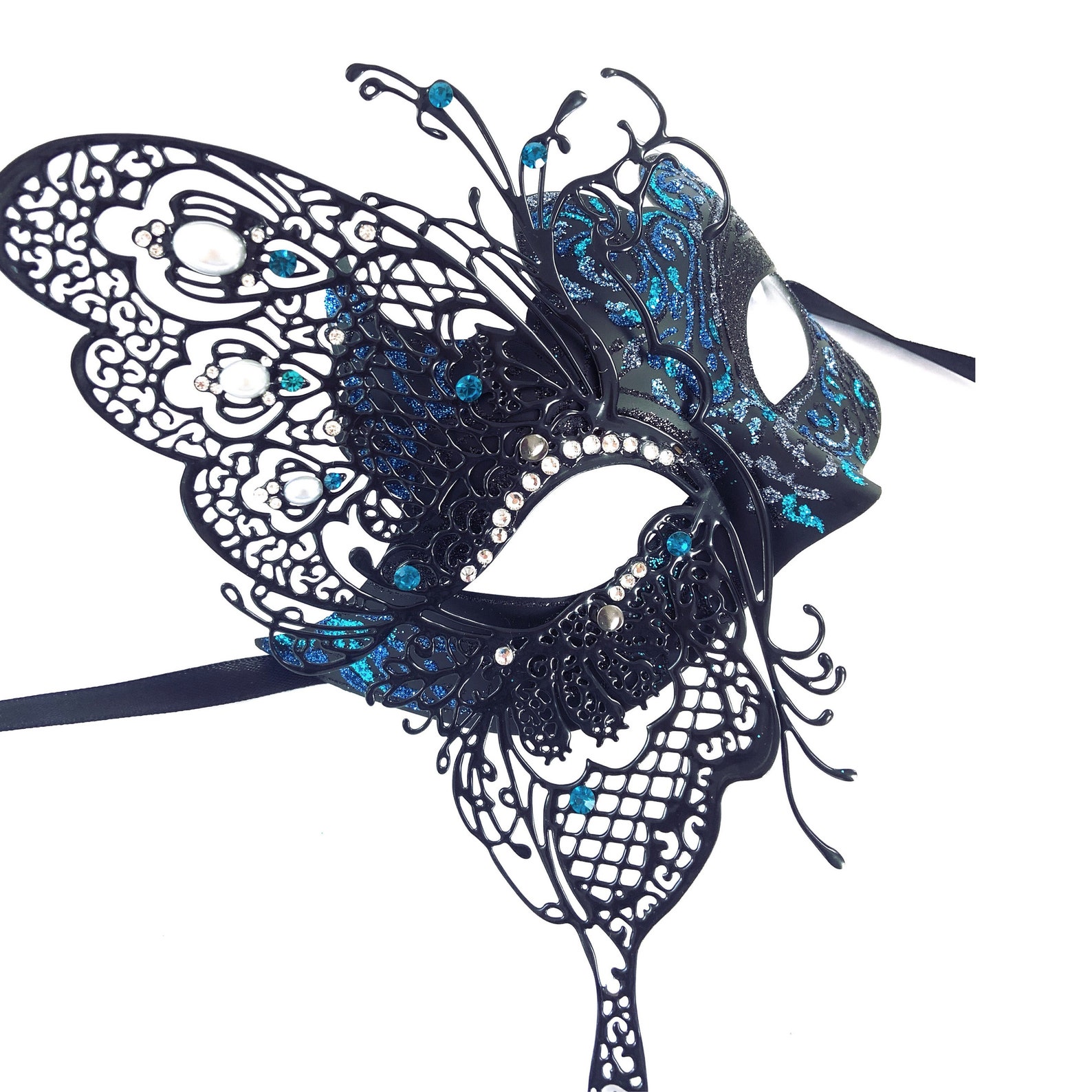 Black Butterfly Filigree Masquerade Prom Mask With Blue Glitters - Etsy