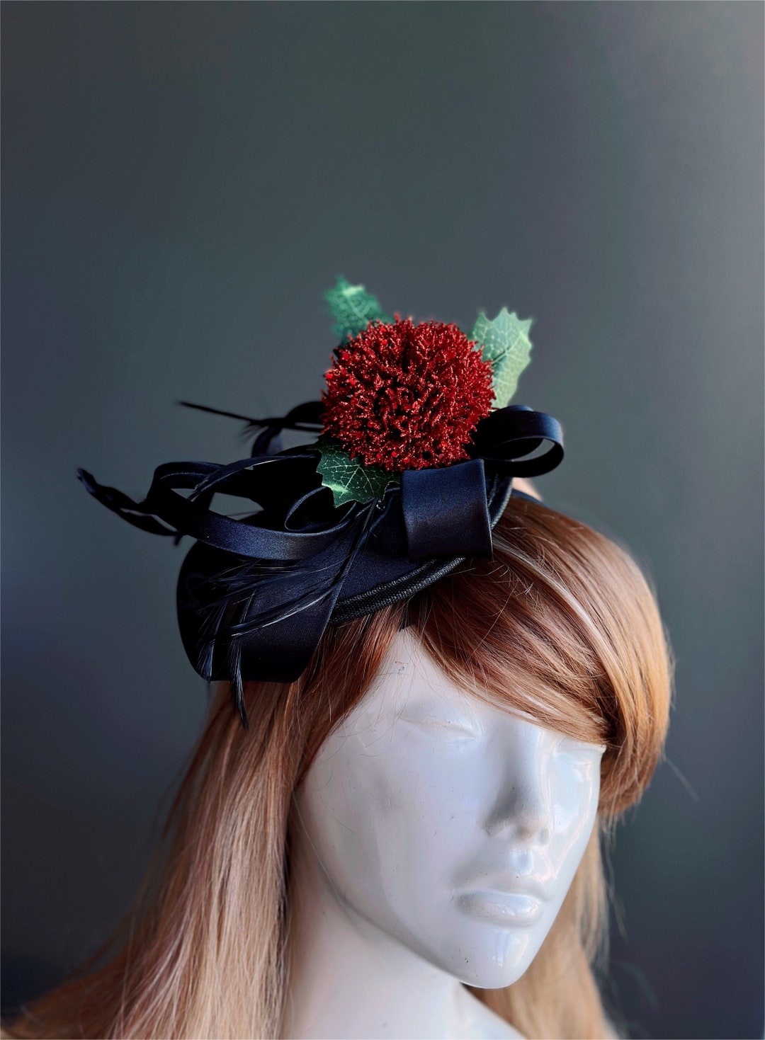 Christmas Fascinator Hat Black Red Holiday Party Women - Etsy