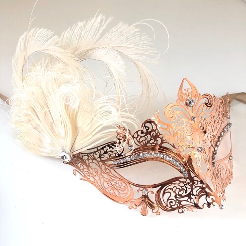 Rose Gold Masquerade Mask Women Metal Mask With Feathers - Etsy