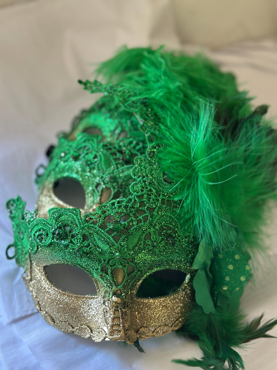 Green Gold Masquerade Mask Women Feather Mask Emerald Green Party ...