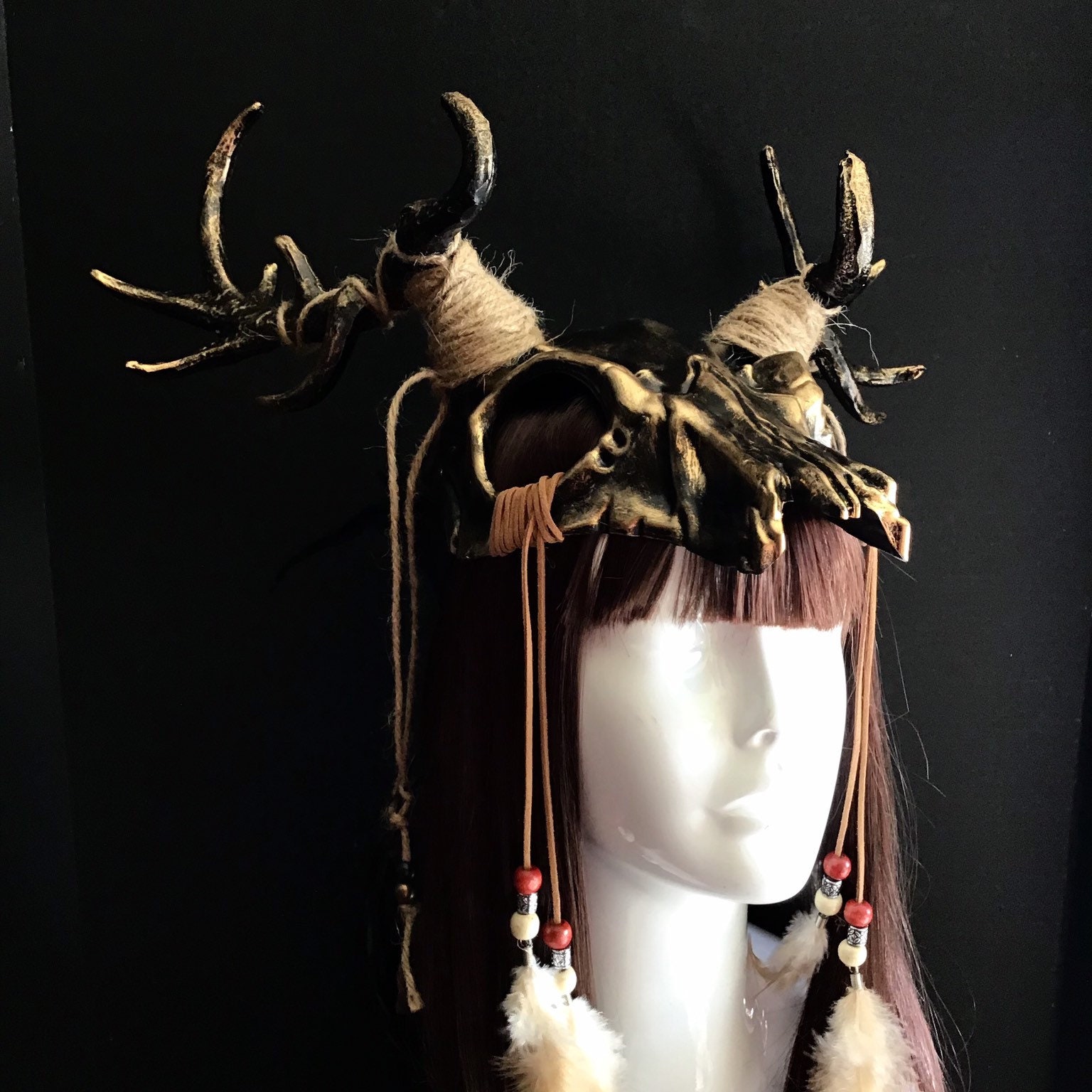 Deer Skull Masquerade Mask Gold/black, Viking Skull Headpiece, Skull ...
