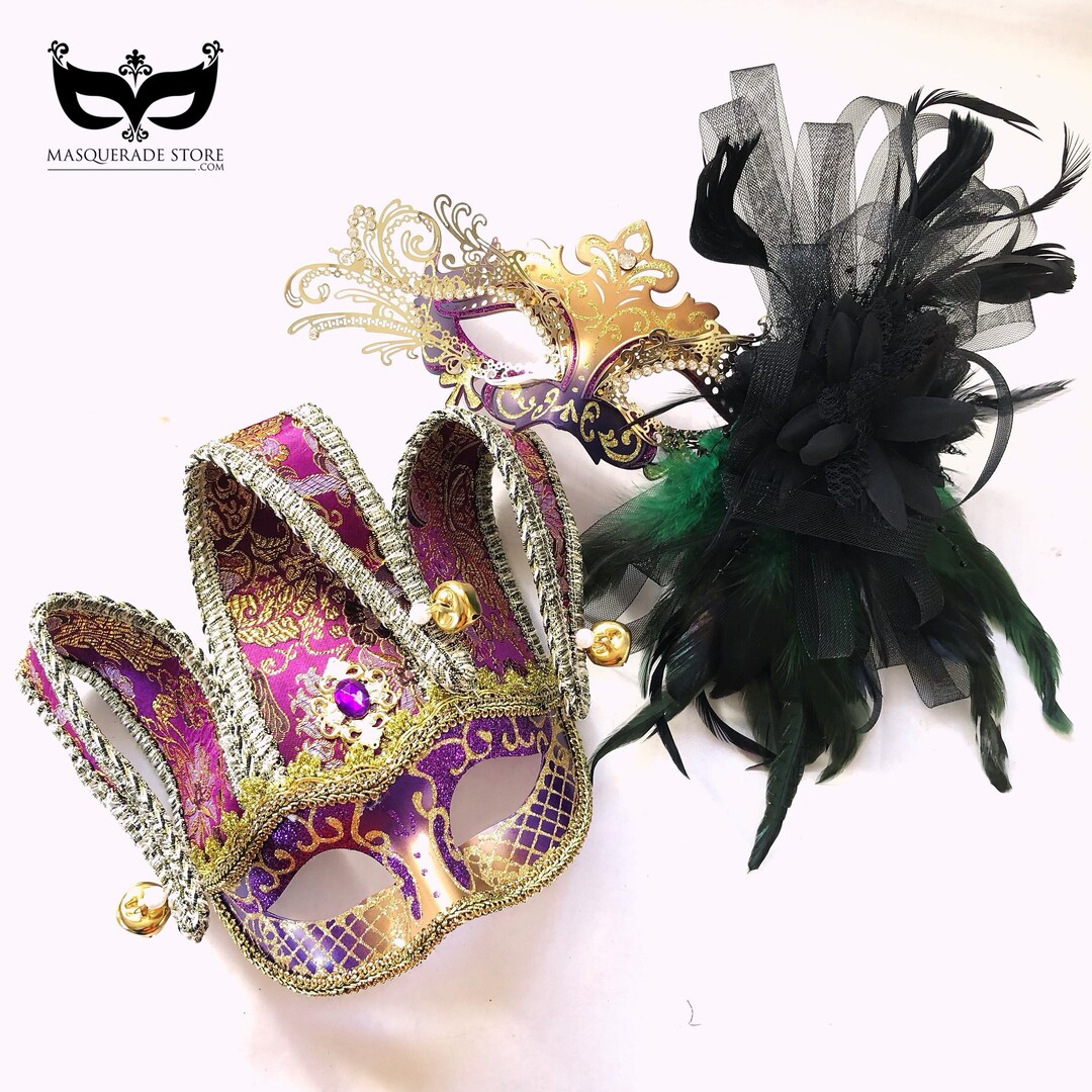 Gold Purple Jester Masquerade Mask, Couples Masks, Mardi Gras, Carnival ...