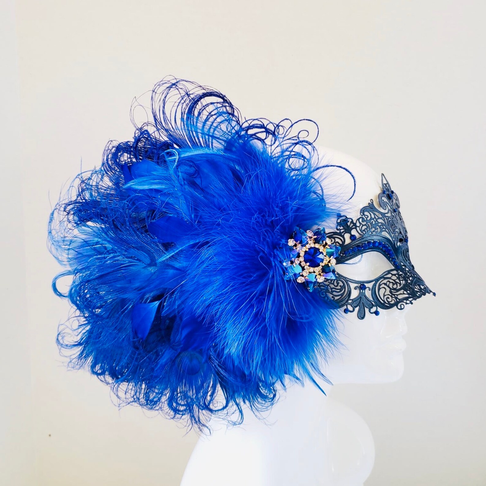 Royal Blue Masquerade Mask Feathers, Royal Blue Masks Women, Blue Metal ...