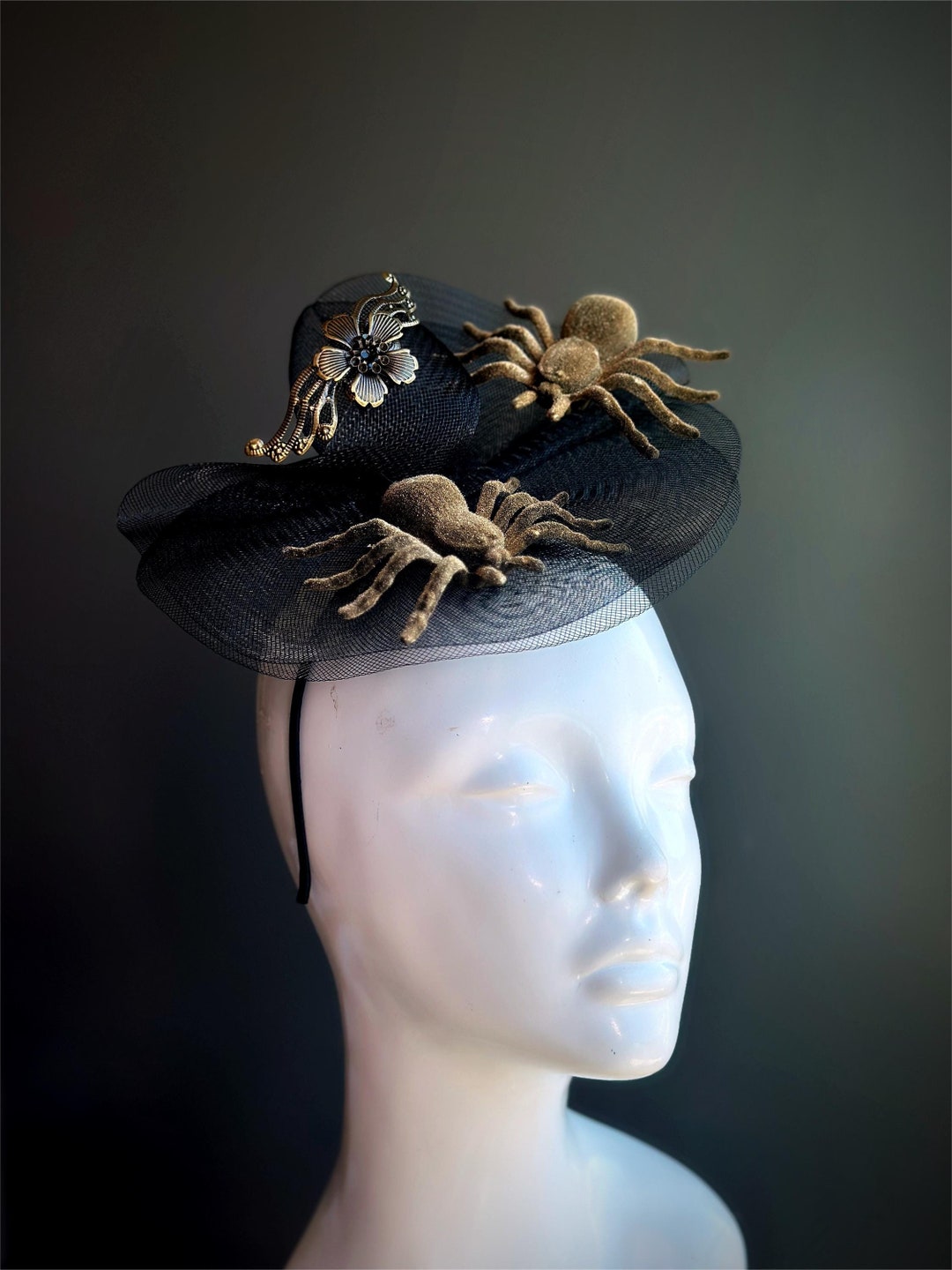 Fascinator Hat Gold Spider Black Tulle Headpiece Halloween Party ...