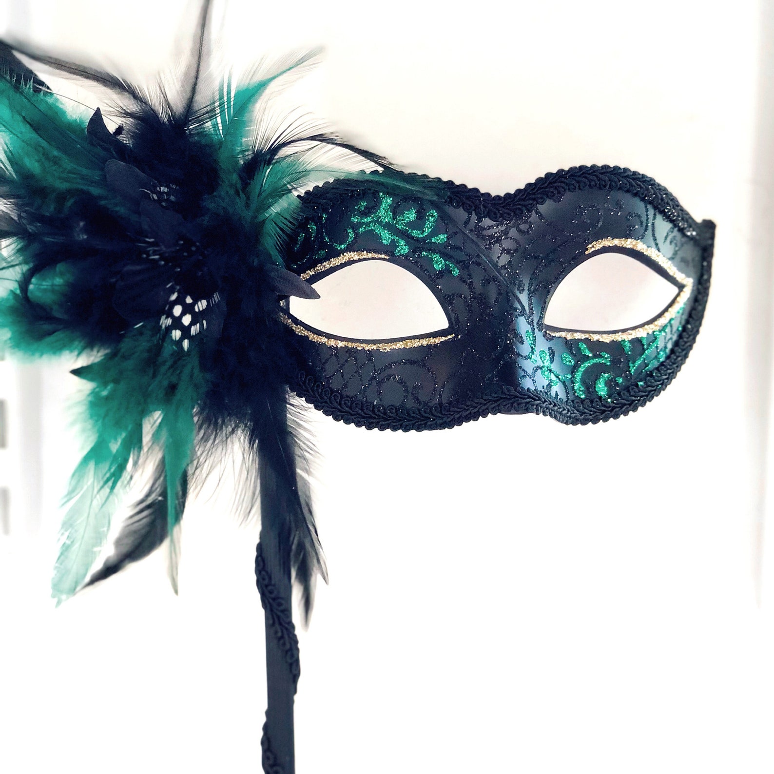 Masquerade Mask Women Stick Mask All Black Feather Masks - Etsy