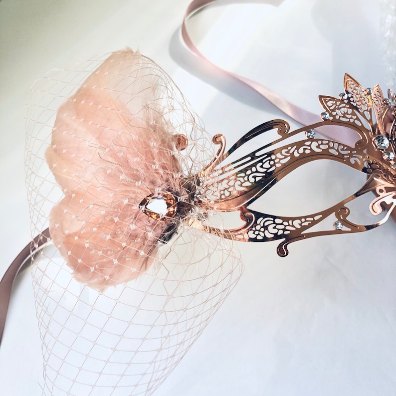 Rose Gold Masquerade Mask Women Metal Mask With Feathers - Etsy