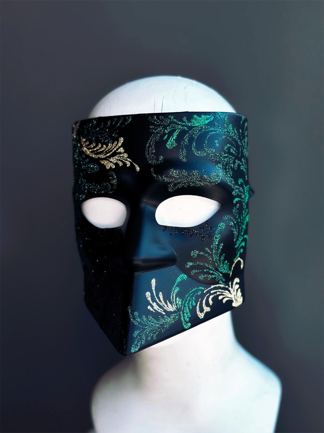 Full Face Masquerade Mask Mens Bauta Black Green Masquerade Mask Mens ...