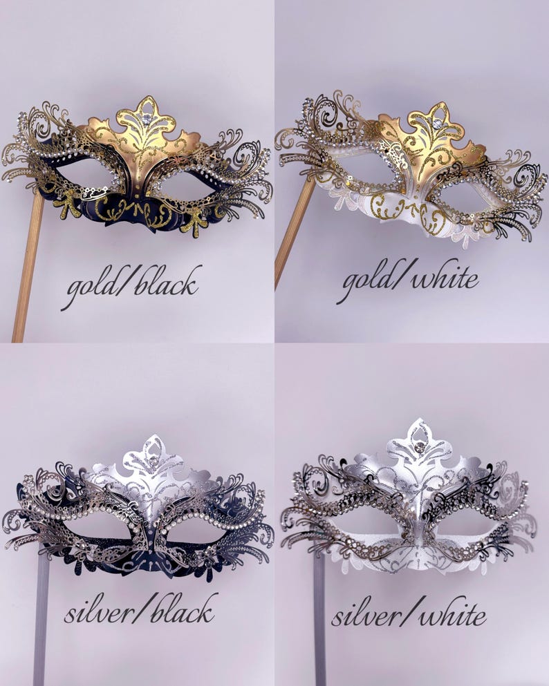 Silver Masquerade Mask With Stick Green Feather Mask Womens Masquerade ...