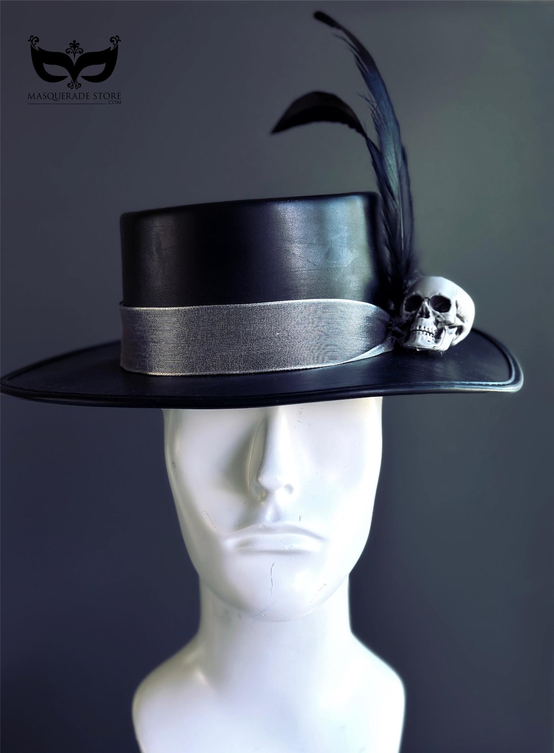 Vegan Leather Skull Top Hat, Black Gothic Steampunk Hat for Halloween ...