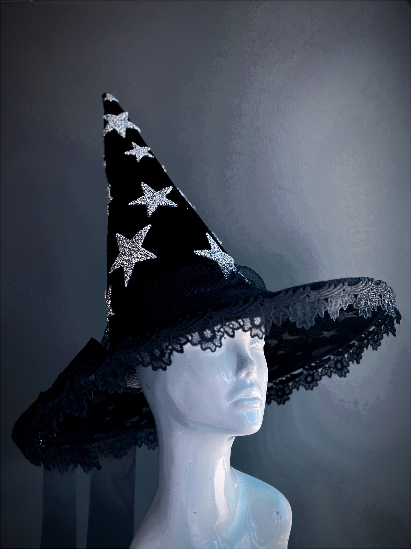 Black Witch Hat - Pointy Wide Brim - Star Constellation Witches of ...