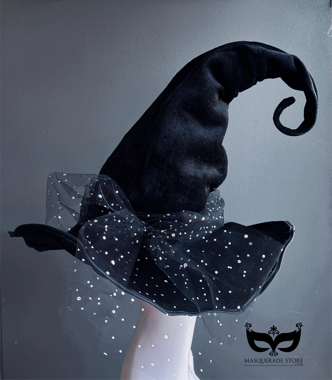 Black Velvet Witch Hat With Sparkly Black Tulle, Lace Accents, and Red ...
