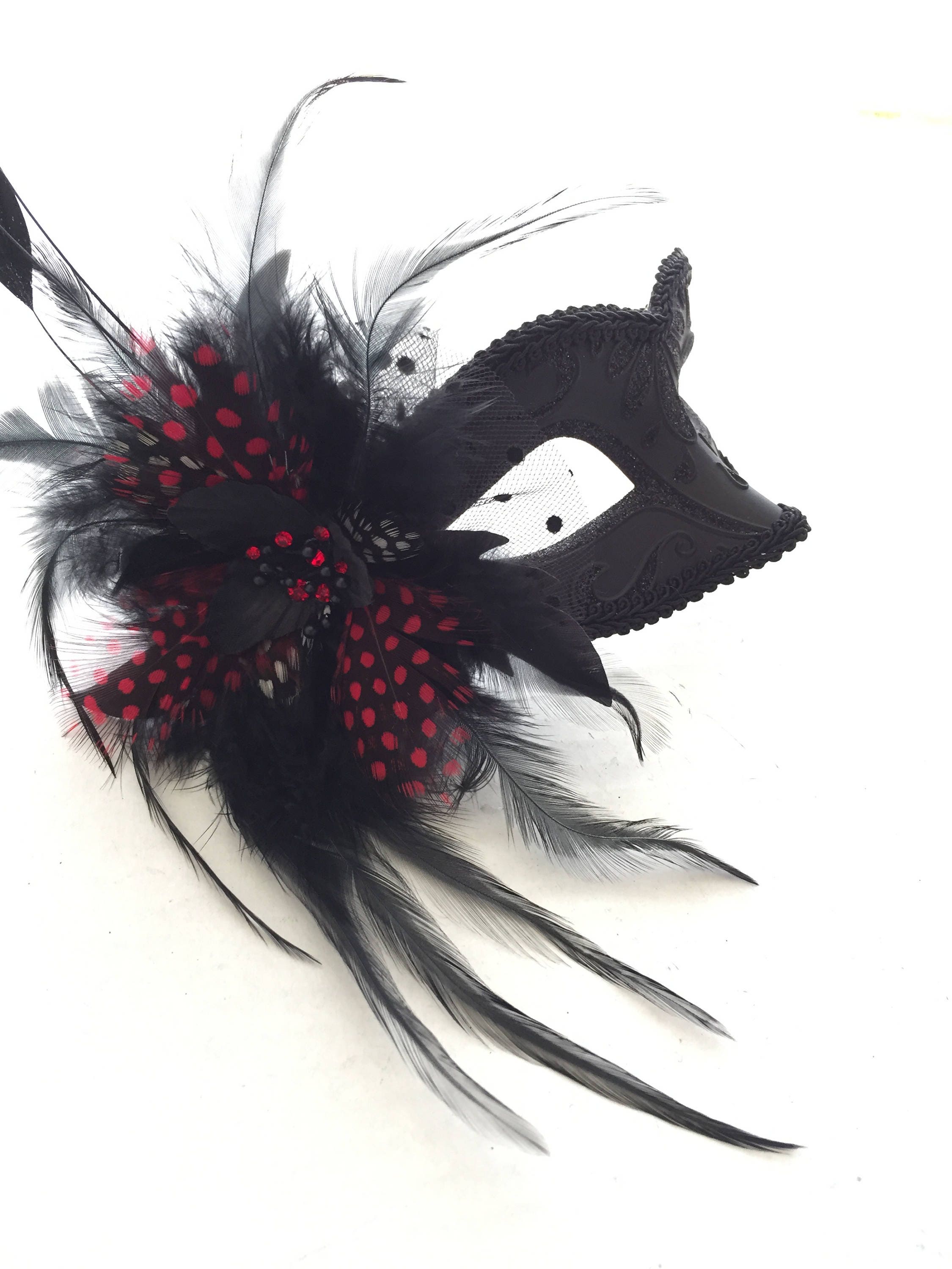 Red Polka Dot Feather Masquerade Mask, Venetian Feather Masks, Red Prom ...