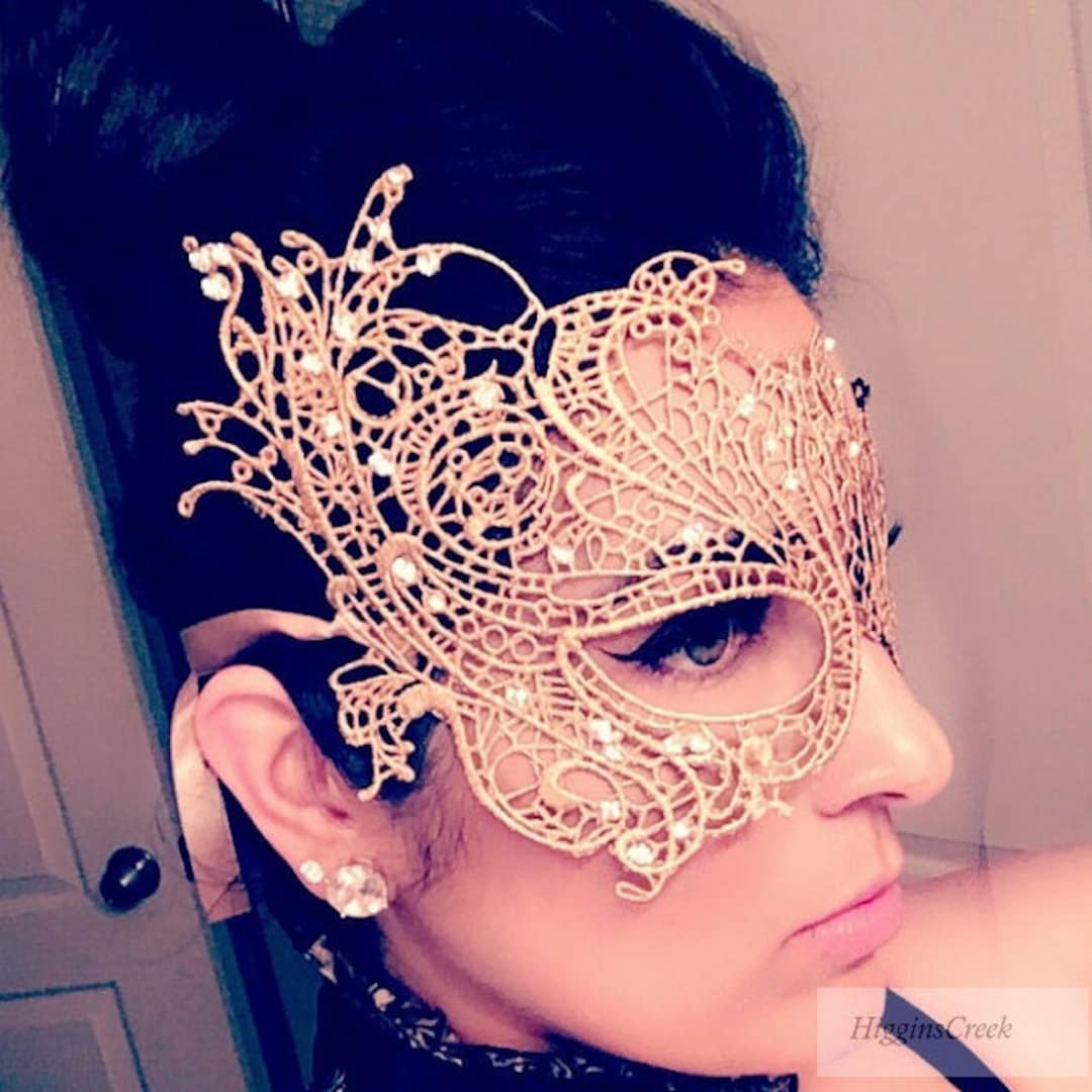 Masquerade Mask Woman in Elegant Gold Lace Studded With Rhinestones for ...
