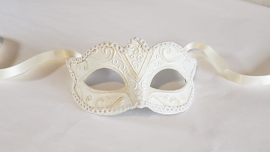 White Masquerade Mask Women With White Trim and Glitter, Simple Elegant ...