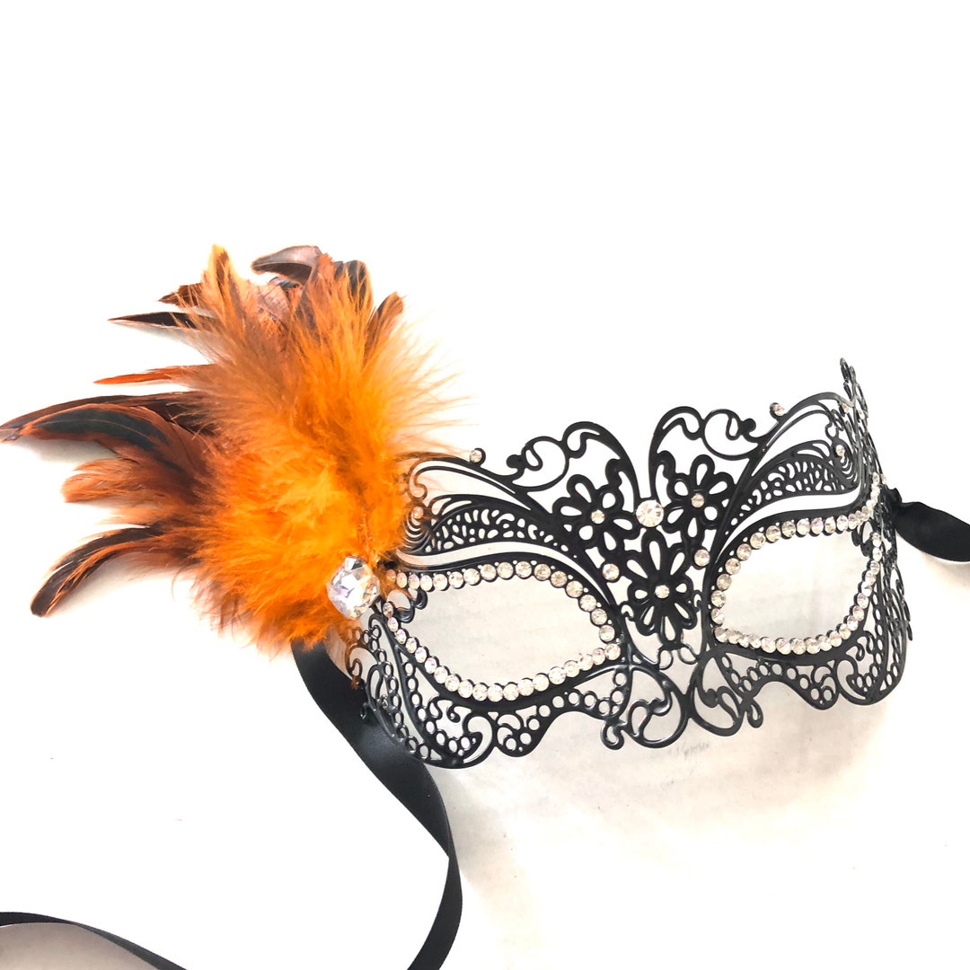 Orange Womens Masquerade Masks Feather Masks Filigree Masks Mardi Gras ...