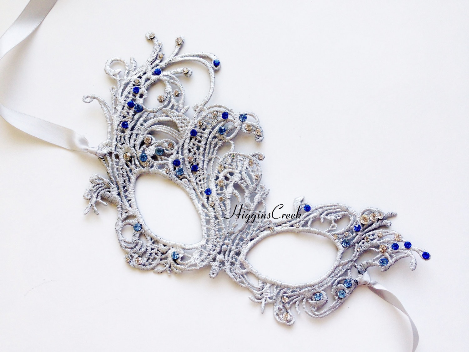 Silver Masquerade Mask Woman With Sapphire Blue Rhinestones L - Etsy