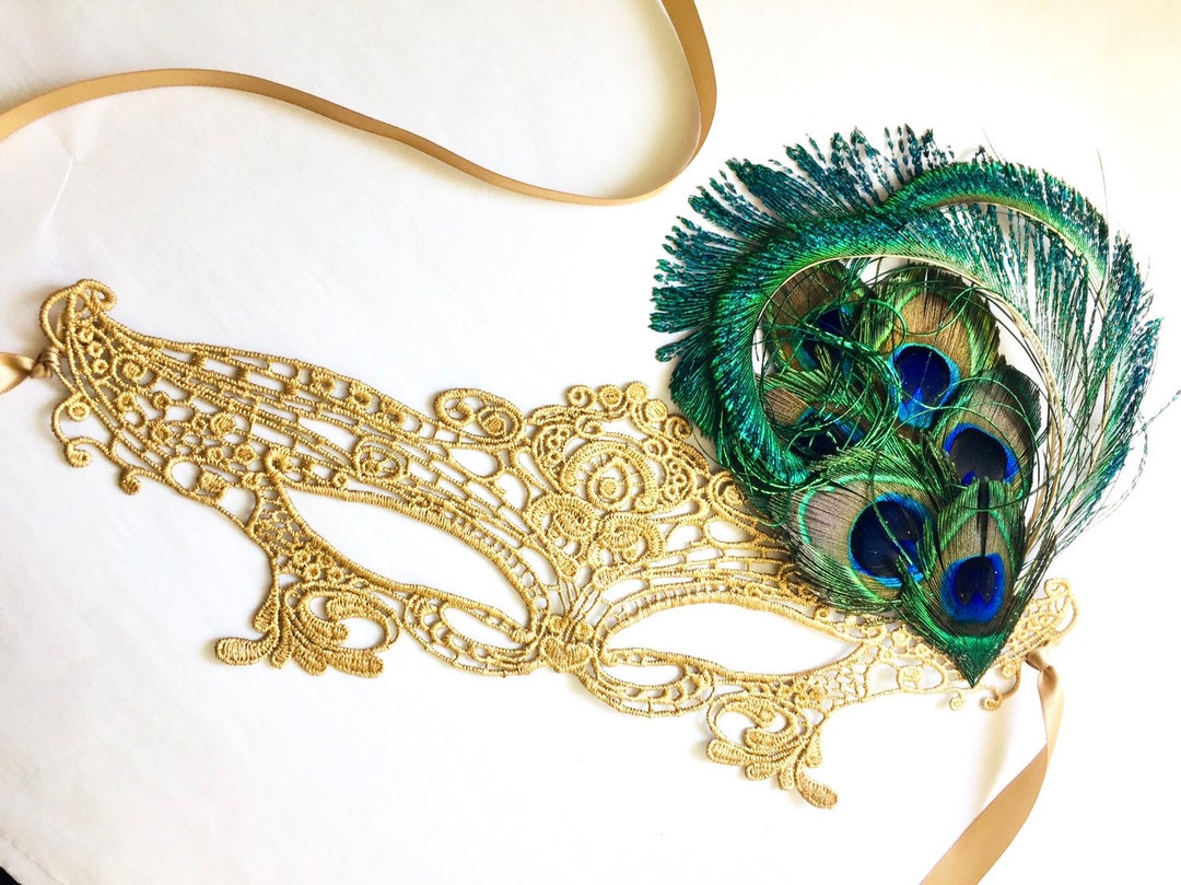 Gold Lace Mask With Peacock Feather Masquerade Mask Women - Etsy