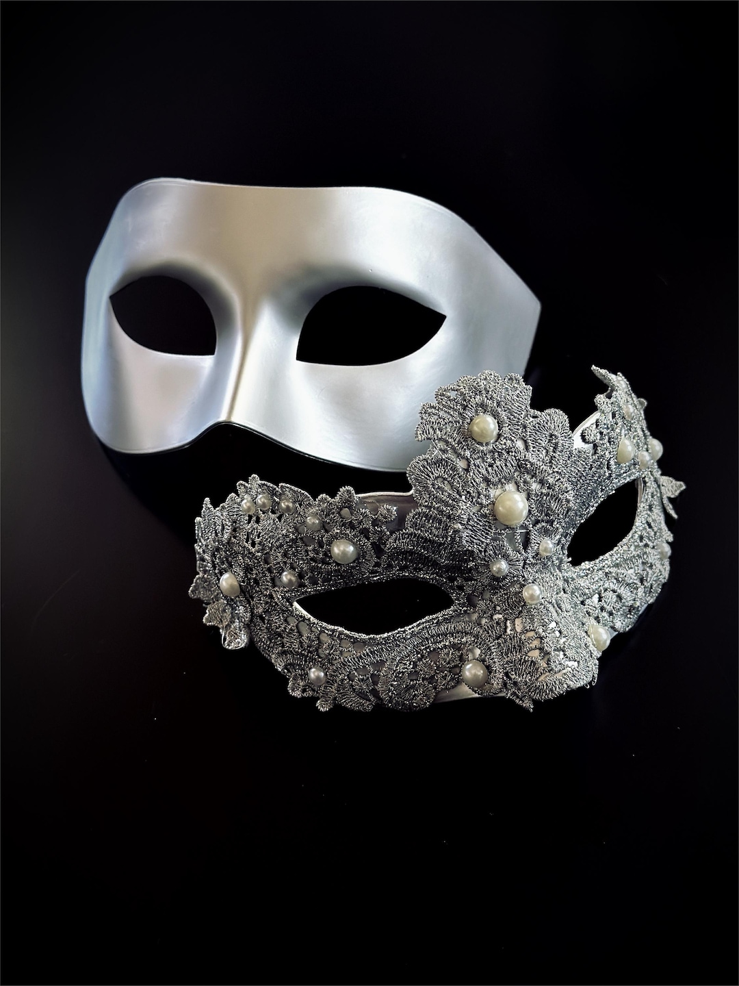 Silver Masquerade Couples Mask Set Pearl Mask Prom Masks Wedding Mask ...